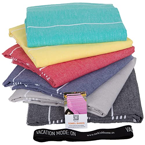 Clotho Turkish Beach Towel Set of 6 with 2 Towel Bands - Quick Dry Beach Towels Oversized Sandproof - 100% Cotton 39x70 - Extra Large Light Travel Towel Giftable Beach Essential