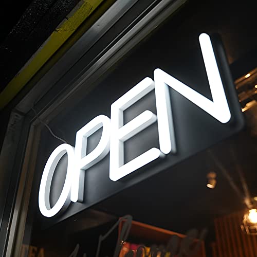 HiNeon White Neon Open Sign 20inx7in LED Open Sign w/Remote Controller, Electric Light Up Open Sign for Business Store, w/Hanging Chain for Shop Windows, Direct Plug-In w/ 12V Power Adapter