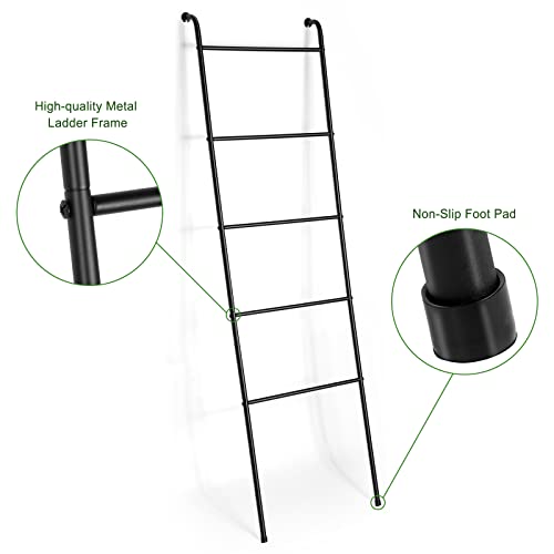 Towel Blanket Ladder Leaning Black Metal Blanket Holder 5 Tier Industrial Ladder Rack for Bathroom Living Room Laundry Room (Matte Black)