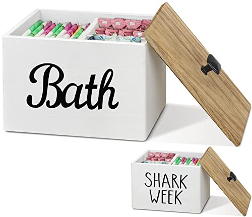 Tampon and Pad Holder Organizer for Bathroom, Decorative Bathroom Container with Lid, Bathroom Accessories Organizer Storage Box, Wood 3 Compartments Cotton Swab Ball Qtip Container with Lid