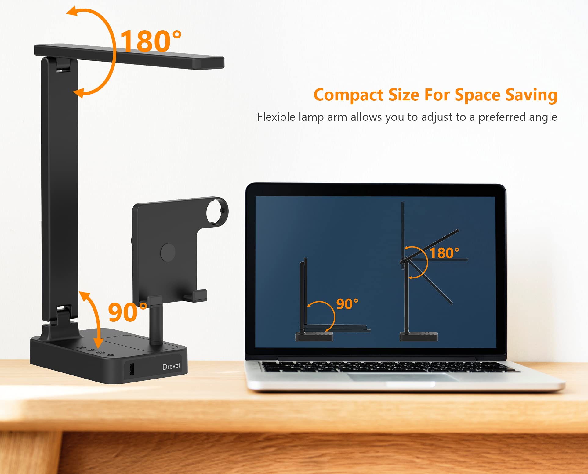 Drevet 3 in 1 LED Desk Table Lamp with Cell Phone Holder and Apple Watch Charger Stand, Eye-Caring Foldable Desk Light with USB Charging Port, 3 Level Brightness, Memory Function, Touch Control, Black