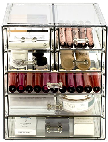 Sorbus Acrylic Clear Makeup Organizer - Big & Spacious Cosmetic Display Case - Stylish Designed Jewelry & Make Up Organizers and Storage for Vanity, Bathroom (3 Large, 4 Small Drawers) [Black Jewel]