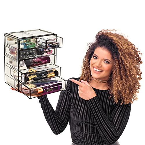 Sorbus Acrylic Clear Makeup Organizer - Big & Spacious Cosmetic Display Case - Stylish Designed Jewelry & Make Up Organizers and Storage for Vanity, Bathroom (3 Large, 4 Small Drawers) [Black Jewel]
