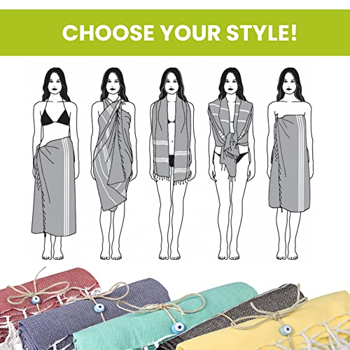 Clotho Turkish Beach Towel Set of 6 with 2 Towel Bands - Quick Dry Beach Towels Oversized Sandproof - 100% Cotton 39x70 - Extra Large Light Travel Towel Giftable Beach Essential