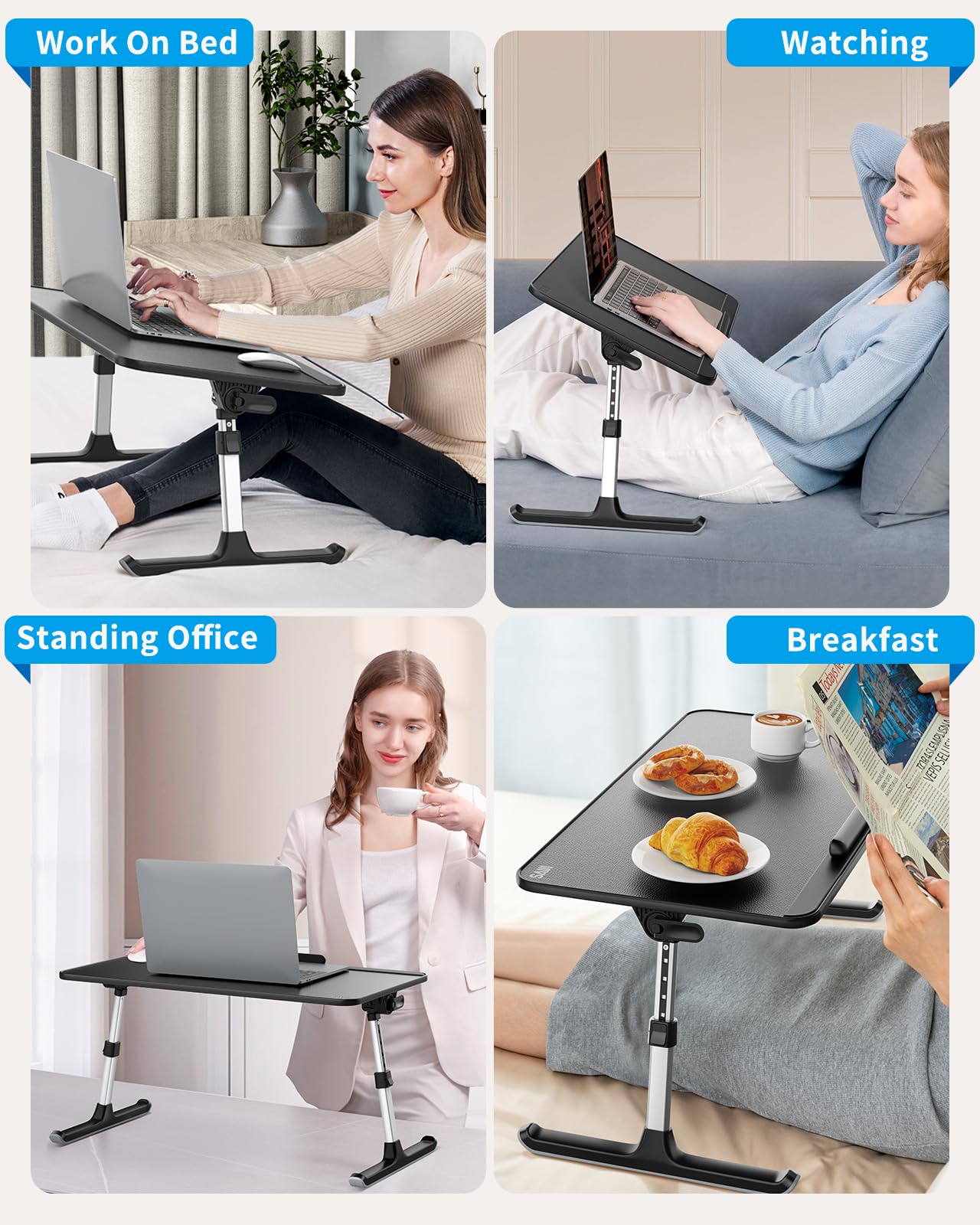 SAIJI Leather Laptop Bed Tray Table, Adjustable Laptop Stand with Removable Stopper, Portable Lap Desks with Foldable Legs, Notebook Stand Breakfast Reading Desk for Sofa Couch(Large,Black)