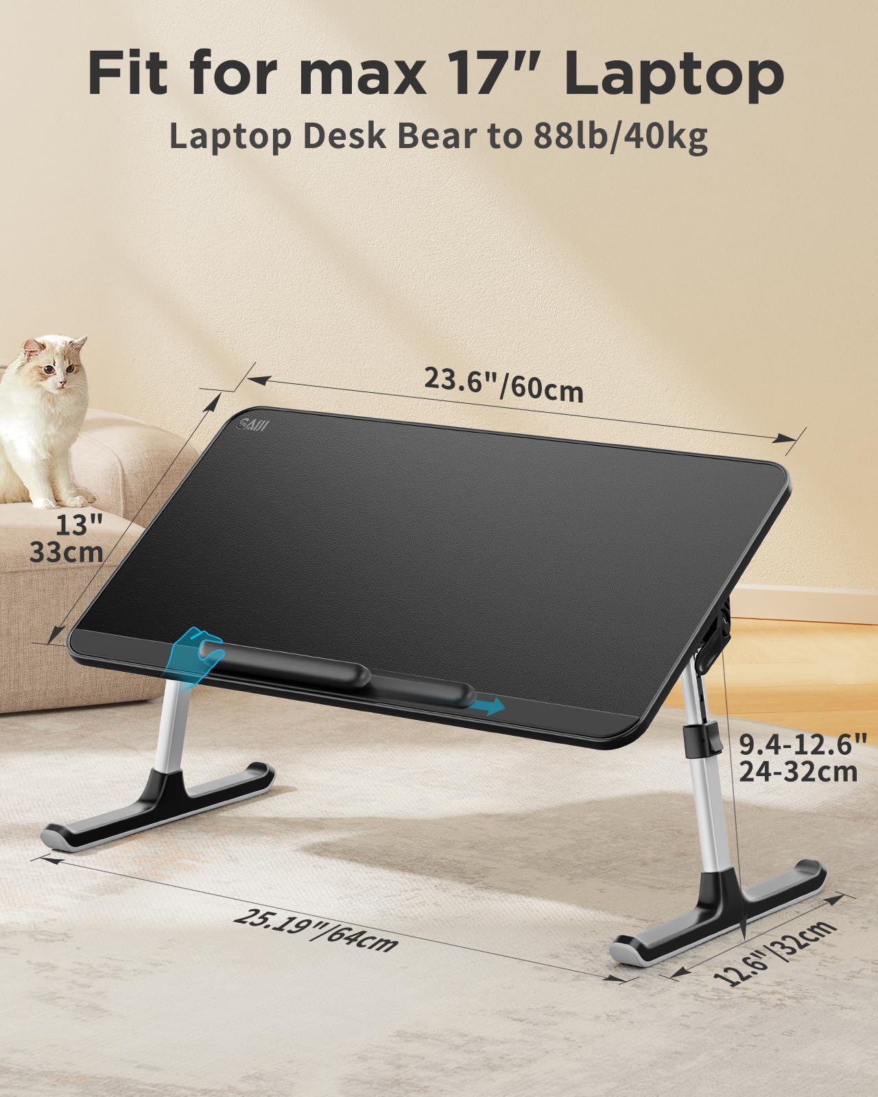 SAIJI Leather Laptop Bed Tray Table, Adjustable Laptop Stand with Removable Stopper, Portable Lap Desks with Foldable Legs, Notebook Stand Breakfast Reading Desk for Sofa Couch(Large,Black)