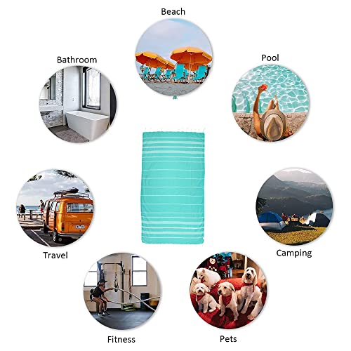 Clotho Turkish Beach Towel Set of 6 with 2 Towel Bands - Quick Dry Beach Towels Oversized Sandproof - 100% Cotton 39x70 - Extra Large Light Travel Towel Giftable Beach Essential