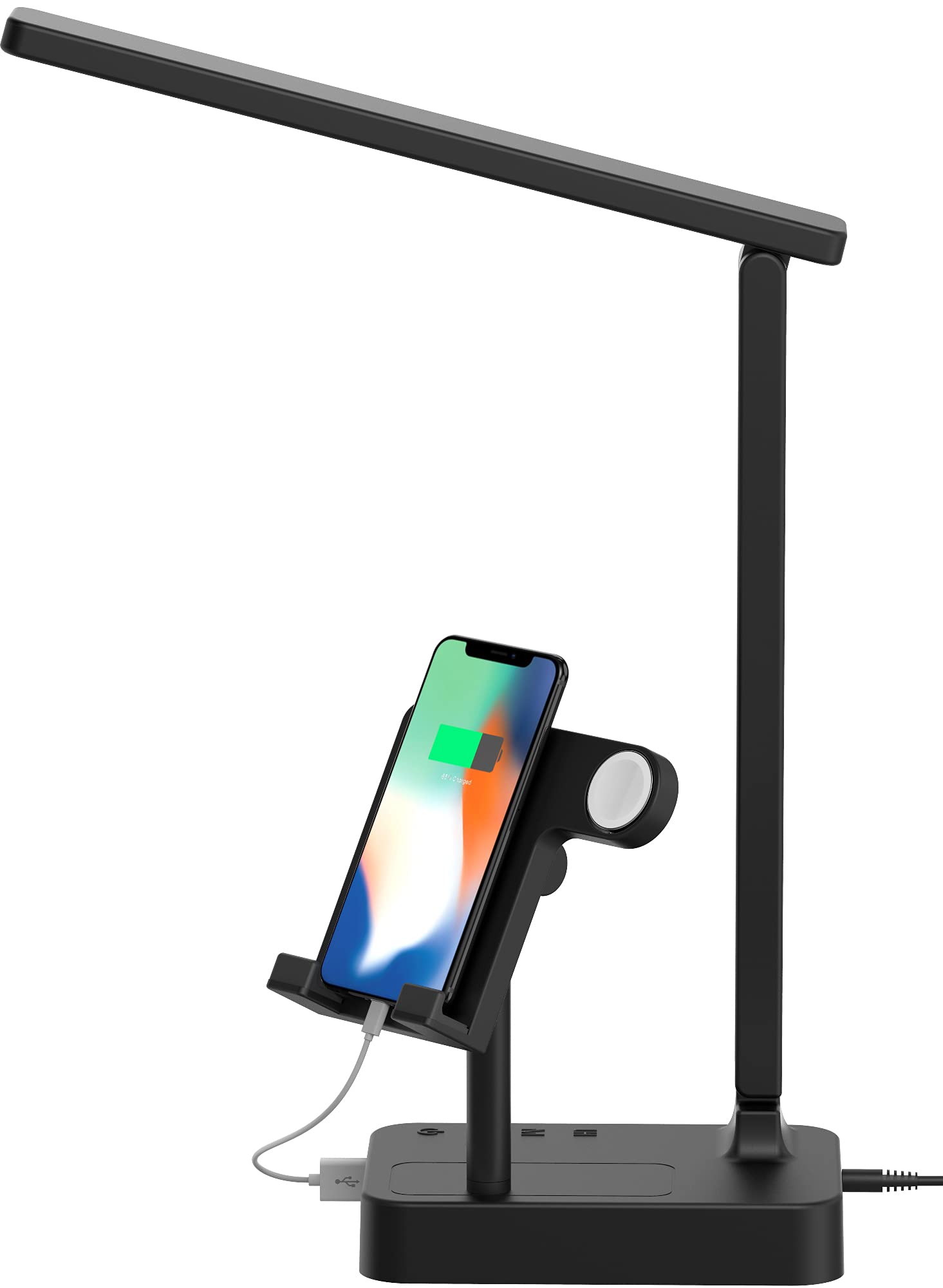 Drevet 3 in 1 LED Desk Table Lamp with Cell Phone Holder and Apple Watch Charger Stand, Eye-Caring Foldable Desk Light with USB Charging Port, 3 Level Brightness, Memory Function, Touch Control, Black