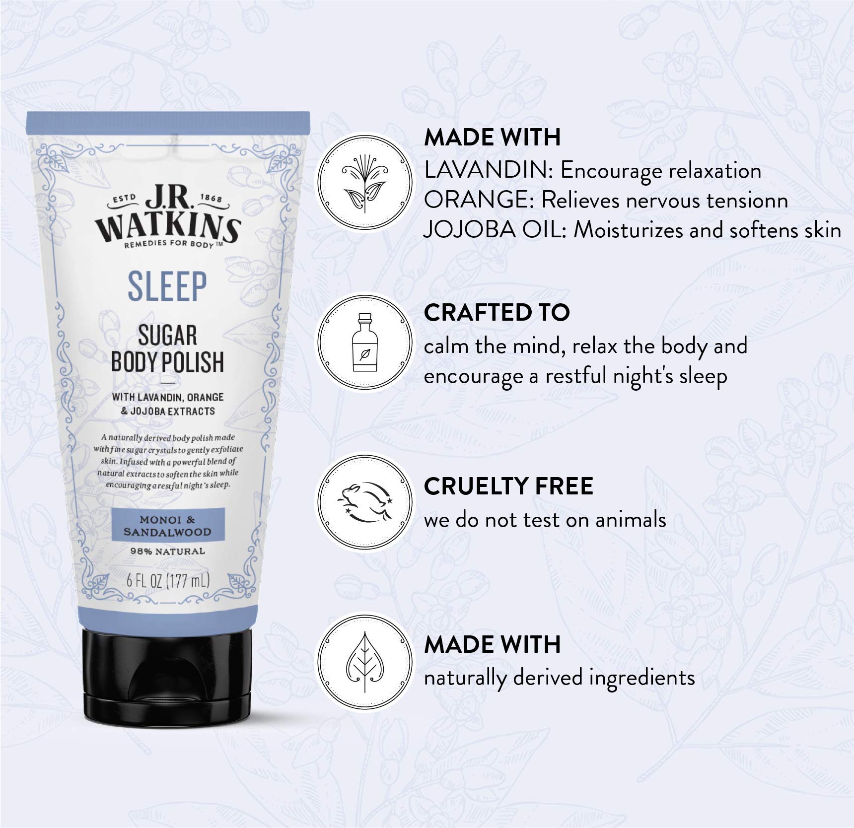 J.R. Watkins Sleep Sugar Body Polish, Monoi & Sandalwood Natural Body Scrub Cleanses & Encourages Restful Sleep, 6 oz