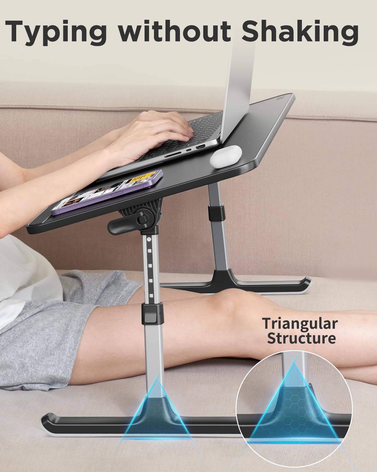 SAIJI Leather Laptop Bed Tray Table, Adjustable Laptop Stand with Removable Stopper, Portable Lap Desks with Foldable Legs, Notebook Stand Breakfast Reading Desk for Sofa Couch(Large,Black)