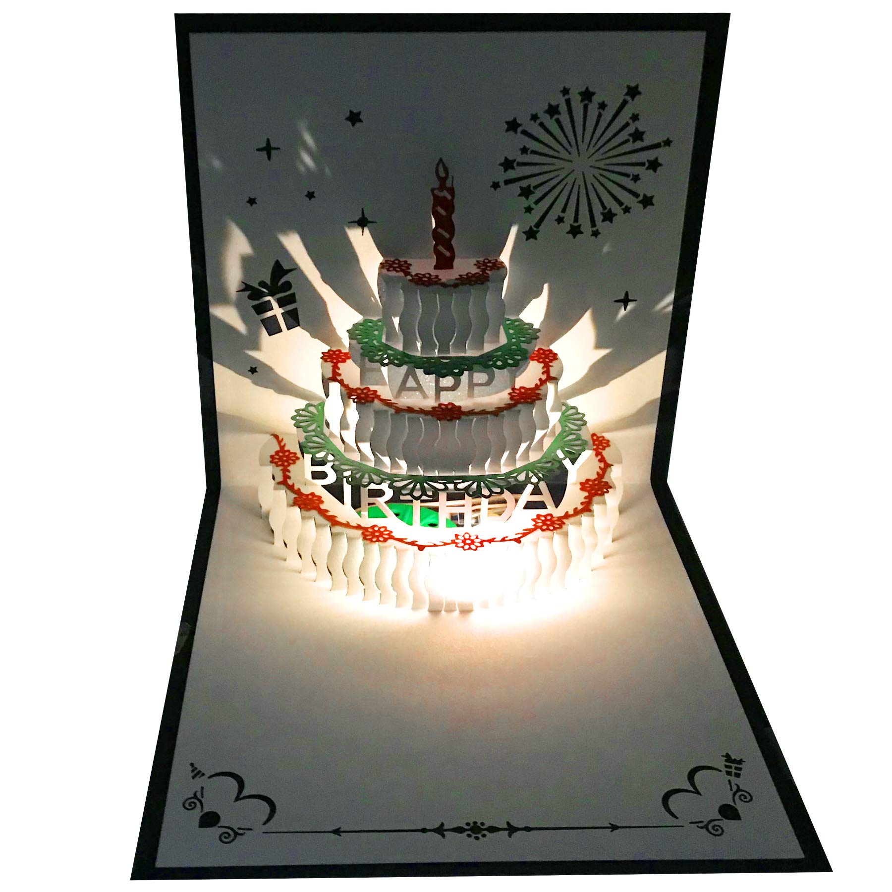 Akeydeco 3D Pop Up Birthday Cards,Warming LED Light Cake Music Happy Card Postcards Greeting Cards Laser Cut Best for Mom,Wife,Sister, Boy,Girl,Friends 1 Pack