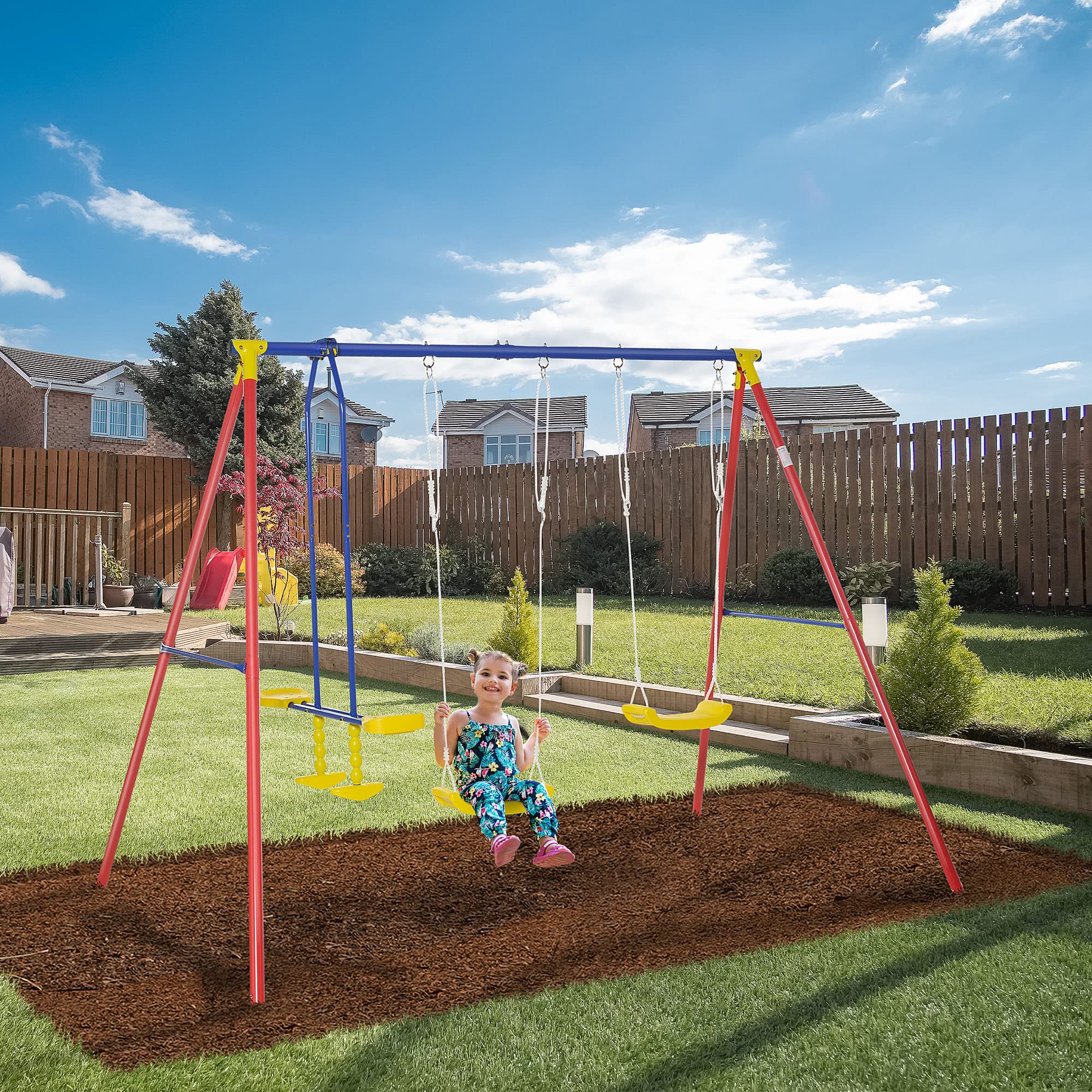 Outsunny Metal Swing Set with Glider, Two Swing Seats and Adjustable Height, Outdoor Heavy Duty A-Frame Suitable for Playground, Backyard, Multi-Color