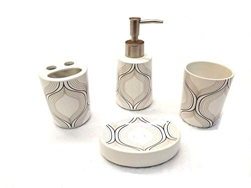 Empire Home Geometric 4-Piece Bathroom Accessory Ceramic Set - Lotion Dispenser/Tumbler / Toothbrush Holder/Soap Dish (Brown Waves)