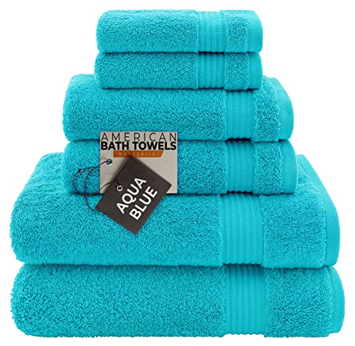 2 Washcloths, 2 Hand Towels, 2 Bath Towels, Soft & Absorbent 600 GSM Premium Hotel & Spa Quality 6 Piece Genuine Turkish Cotton Bathroom Towel Set, Aqua Blue (6 Piece Turkish Towel Set, Aqua Blue)