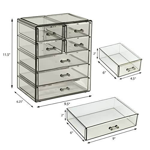 Sorbus Acrylic Clear Makeup Organizer - Big & Spacious Cosmetic Display Case - Stylish Designed Jewelry & Make Up Organizers and Storage for Vanity, Bathroom (3 Large, 4 Small Drawers) [Black Jewel]