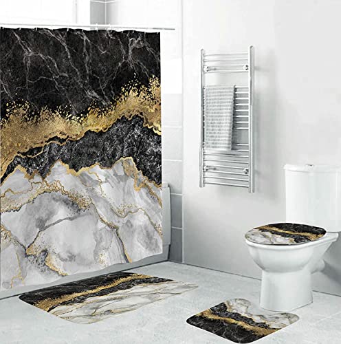4Pcs Black Marble Shower Curtains Sets with 12 Hooks,Bathroom Curtains Shower Set Toilet Mat Lid Rug,Bathroom Sets Shower Curtain Sets and Rugs and Accessories,72x72 inch
