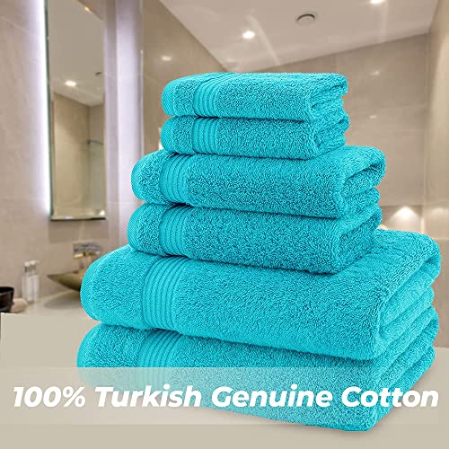 2 Washcloths, 2 Hand Towels, 2 Bath Towels, Soft & Absorbent 600 GSM Premium Hotel & Spa Quality 6 Piece Genuine Turkish Cotton Bathroom Towel Set, Aqua Blue (6 Piece Turkish Towel Set, Aqua Blue)