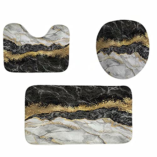 4Pcs Black Marble Shower Curtains Sets with 12 Hooks,Bathroom Curtains Shower Set Toilet Mat Lid Rug,Bathroom Sets Shower Curtain Sets and Rugs and Accessories,72x72 inch
