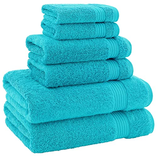 2 Washcloths, 2 Hand Towels, 2 Bath Towels, Soft & Absorbent 600 GSM Premium Hotel & Spa Quality 6 Piece Genuine Turkish Cotton Bathroom Towel Set, Aqua Blue (6 Piece Turkish Towel Set, Aqua Blue)