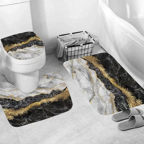 4Pcs Black Marble Shower Curtains Sets with 12 Hooks,Bathroom Curtains Shower Set Toilet Mat Lid Rug,Bathroom Sets Shower Curtain Sets and Rugs and Accessories,72x72 inch