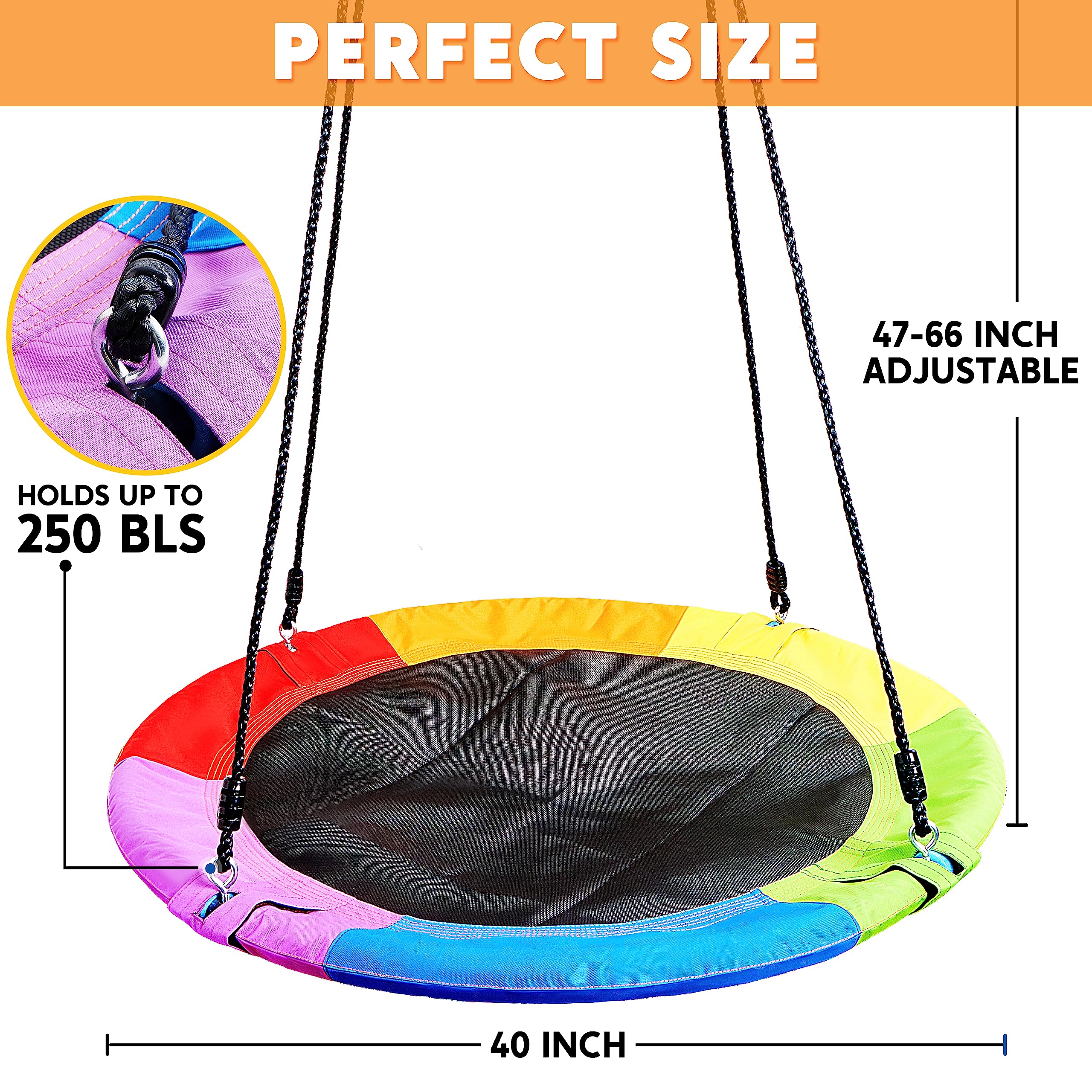 TURFEE 40" Rainbow Saucer Tree Swing for Kids, Waterproof Swing Seat with 2 Tree Hanging Straps for Playground Backyard Outdoor Activity