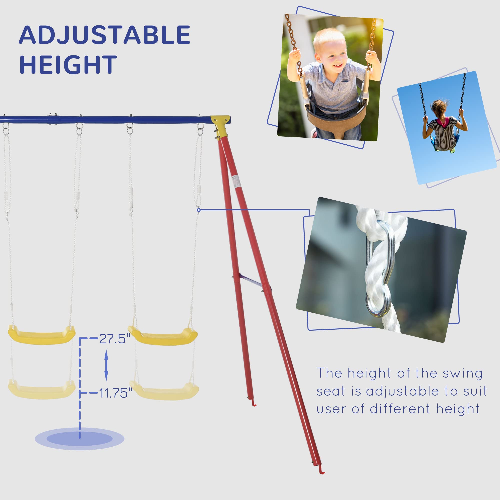 Outsunny Metal Swing Set with Glider, Two Swing Seats and Adjustable Height, Outdoor Heavy Duty A-Frame Suitable for Playground, Backyard, Multi-Color