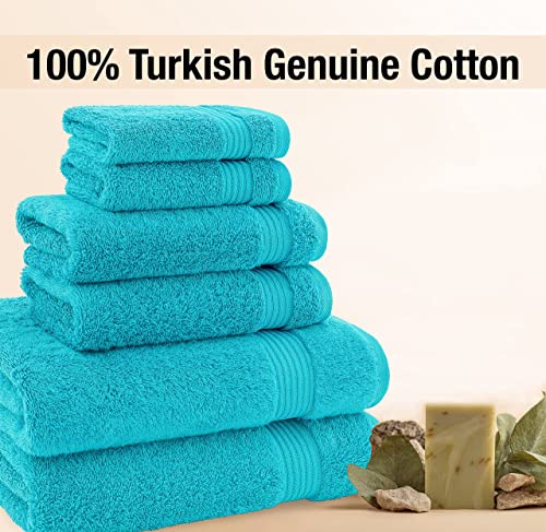 2 Washcloths, 2 Hand Towels, 2 Bath Towels, Soft & Absorbent 600 GSM Premium Hotel & Spa Quality 6 Piece Genuine Turkish Cotton Bathroom Towel Set, Aqua Blue (6 Piece Turkish Towel Set, Aqua Blue)
