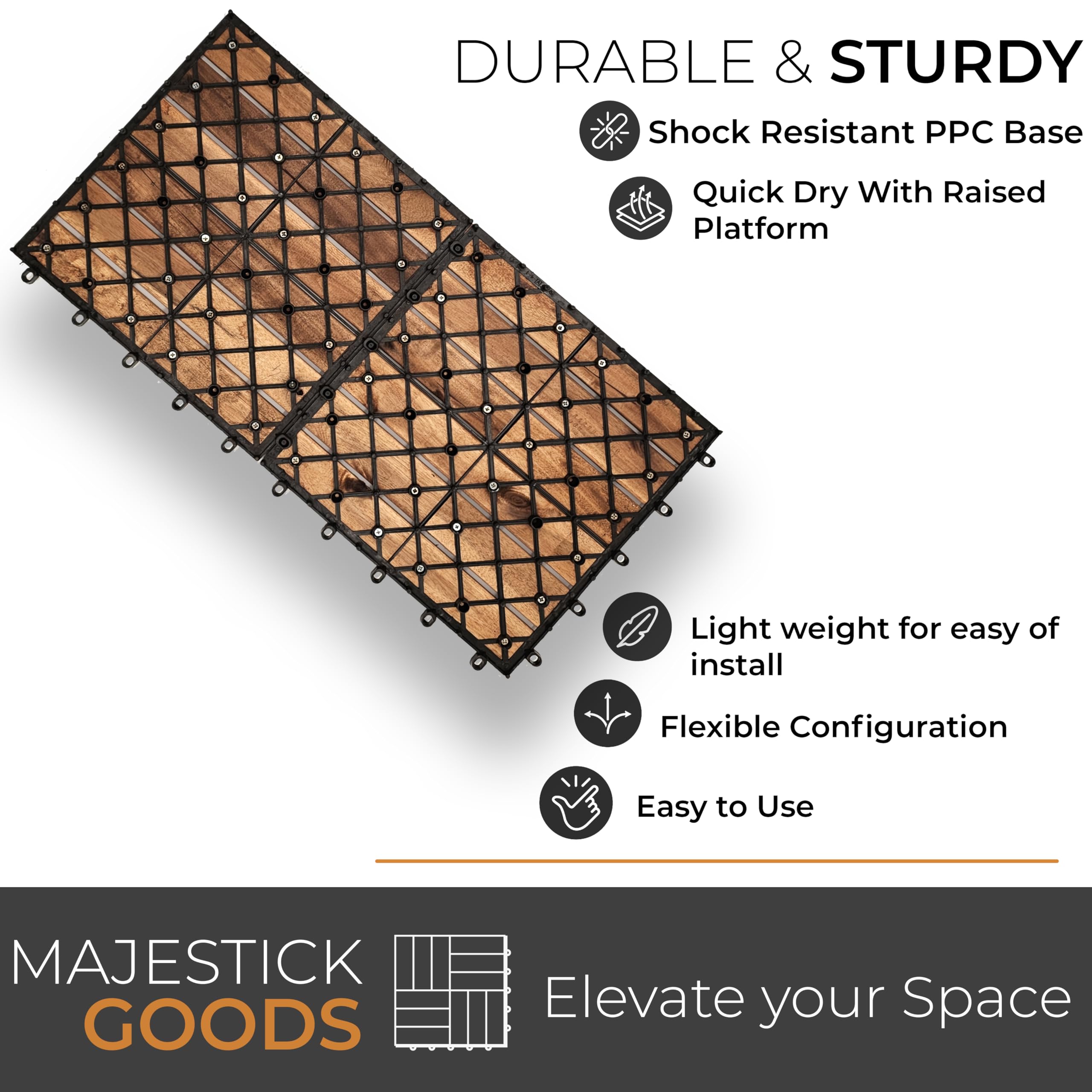 Interlocking Deck Tiles 24 x 12 Long Boards Snap Together Wood Flooring - Acacia Hardwood Outdoor Flooring for Patio - Floor Decking Tile, Waterproof Balcony Flooring 12 Sq Ft (1 Pack (6 Pieces))