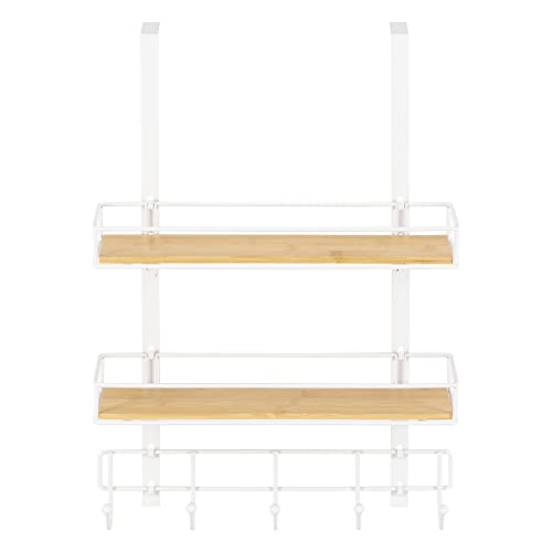 Navaris Over The Door Organizer - Metal and Bamboo Hanging Storage Rack with 2 Shelves and 5 Hooks - Shelf Hanger for Pantry, Bathroom, Closet - White