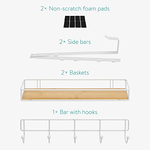Navaris Over The Door Organizer - Metal and Bamboo Hanging Storage Rack with 2 Shelves and 5 Hooks - Shelf Hanger for Pantry, Bathroom, Closet - White