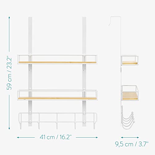Navaris Over The Door Organizer - Metal and Bamboo Hanging Storage Rack with 2 Shelves and 5 Hooks - Shelf Hanger for Pantry, Bathroom, Closet - White