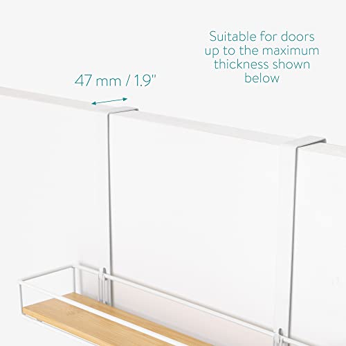 Navaris Over The Door Organizer - Metal and Bamboo Hanging Storage Rack with 2 Shelves and 5 Hooks - Shelf Hanger for Pantry, Bathroom, Closet - White