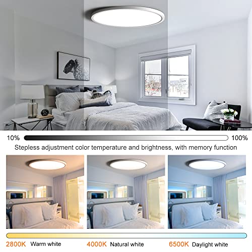 12 Inch 24W Dimmable LED Flush Mount Ceiling Light Fixture with Remote Control, 2800K-6500K Color Changeable, 10%-100% Brightness Adjustable, Flat Modern Round Ceiling Lamp Lights for Bedrooms.etc.