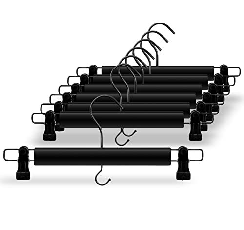 Perfecasa Premium Wooden Pants Hangers 10 Pack, Skirt Hangers with Noise Canceling Hook, Two Sure Grip Clips (Black Color)