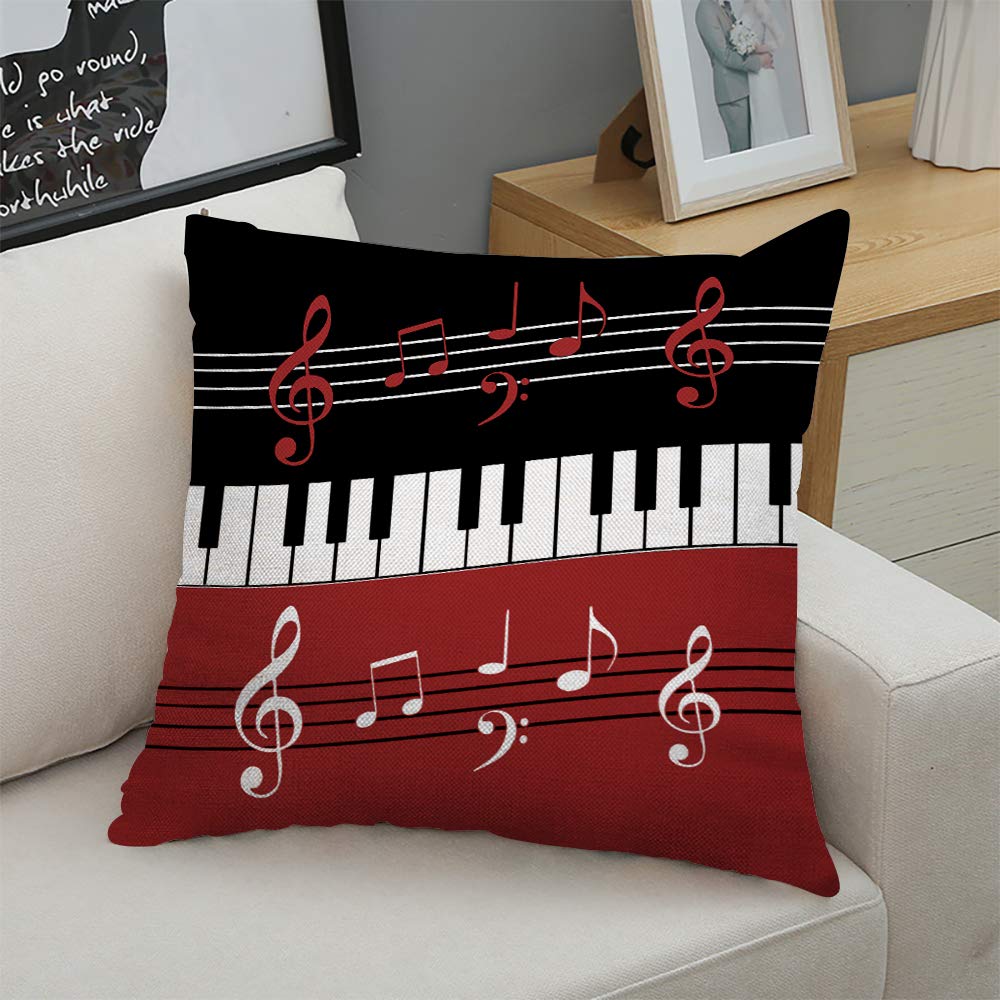 Ofocam Throw Pillow Cover Red Black White Piano Keys and Notes Square Decorative Throw Pillow Cushion Case for Home Couch Living Room Bed Sofa Car 18 x 18 Inches Pillowcase
