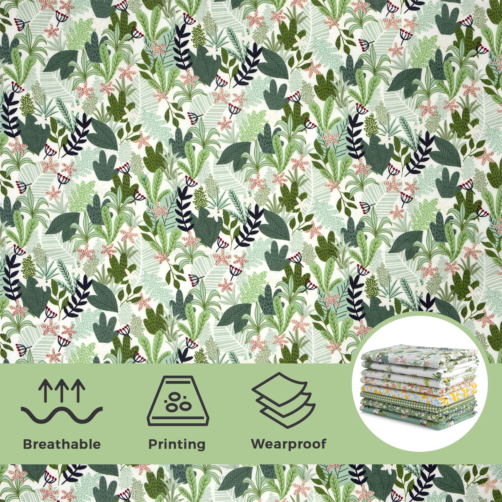 Aubliss 8pcs Fat Quarter Fabric Bundles 19.6'' x 19.6''(50cm x 50cm) Cotton Craft Fabric Pre-Cut Squares Sheets for Patchwork Sewing Quilting Fabric(Green Floral)