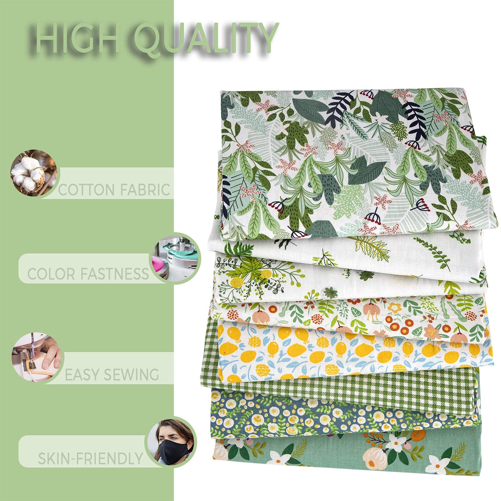 Aubliss 8pcs Fat Quarter Fabric Bundles 19.6'' x 19.6''(50cm x 50cm) Cotton Craft Fabric Pre-Cut Squares Sheets for Patchwork Sewing Quilting Fabric(Green Floral)
