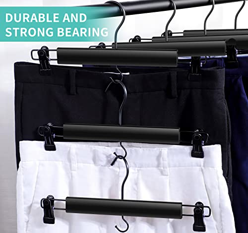 Perfecasa Premium Wooden Pants Hangers 10 Pack, Skirt Hangers with Noise Canceling Hook, Two Sure Grip Clips (Black Color)