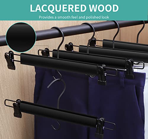 Perfecasa Premium Wooden Pants Hangers 10 Pack, Skirt Hangers with Noise Canceling Hook, Two Sure Grip Clips (Black Color)