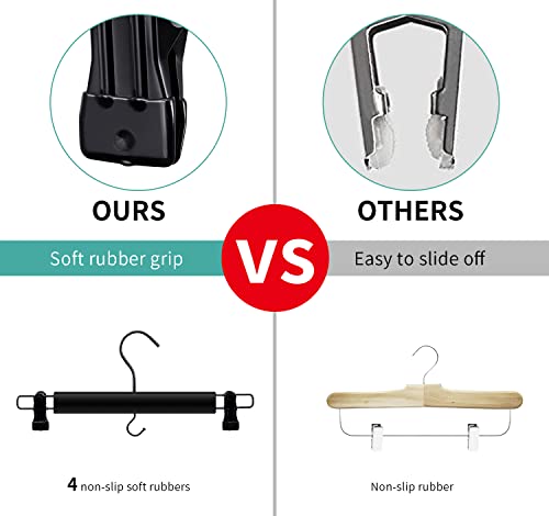 Perfecasa Premium Wooden Pants Hangers 10 Pack, Skirt Hangers with Noise Canceling Hook, Two Sure Grip Clips (Black Color)
