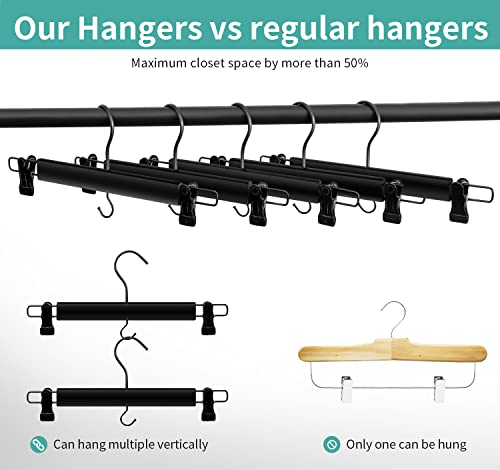 Perfecasa Premium Wooden Pants Hangers 10 Pack, Skirt Hangers with Noise Canceling Hook, Two Sure Grip Clips (Black Color)