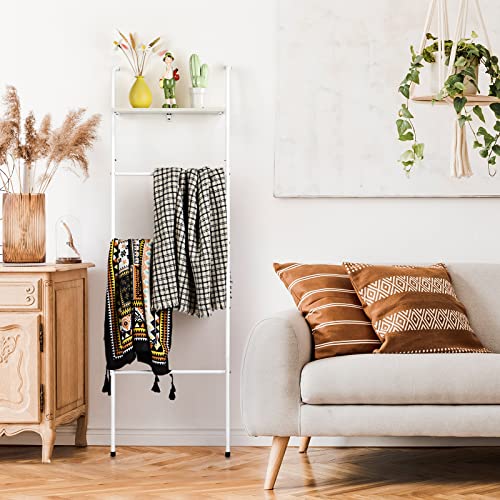 Farmhouse Blanket Ladder, Ladder Towel Rack Decorative Towel Ladder with Storage Shelf, Rustic Blanket Ladder Shelf for Living Room, Blanket Storage Rack, White