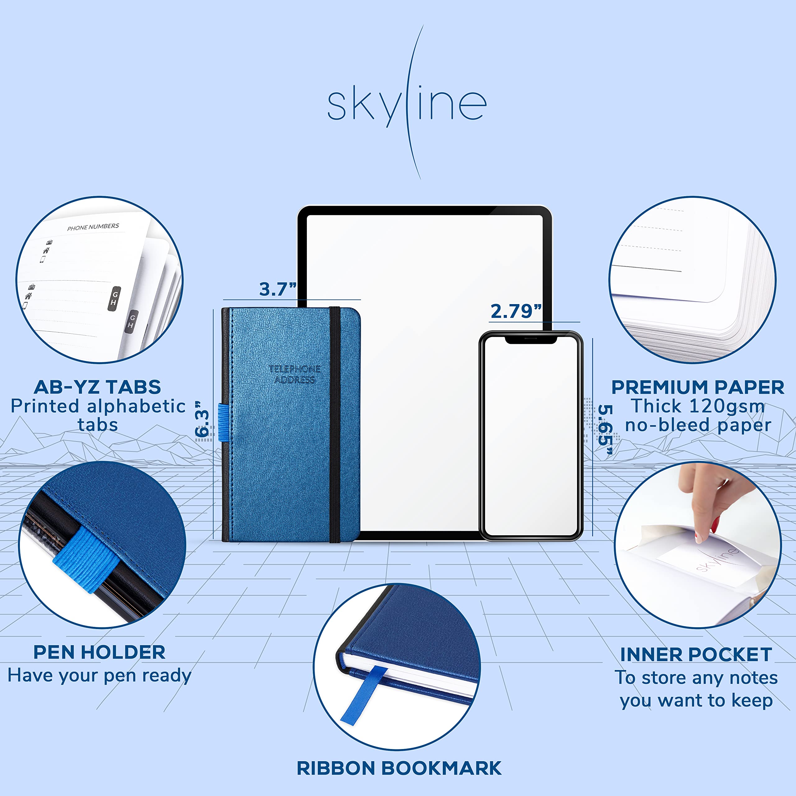 Skyline Address Book – Telephone Contact Book with Password Log & Important Dates Calendar – Phone Number Book for Women & Men – A5 Size, 8.3x5.8″, Hardcover (Mystic Blue)