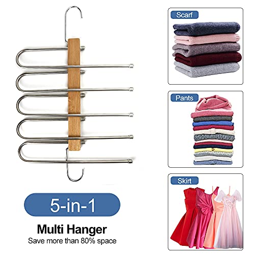 Pants Hangers Space Saving 2 Pack, Non Slip Closet Hangers for Men Women, CANAGROW 5 Layers Multifunctional Closet Organizer Pants Rack Holder for Pants Jeans Scarf Trousers Scarves Ties