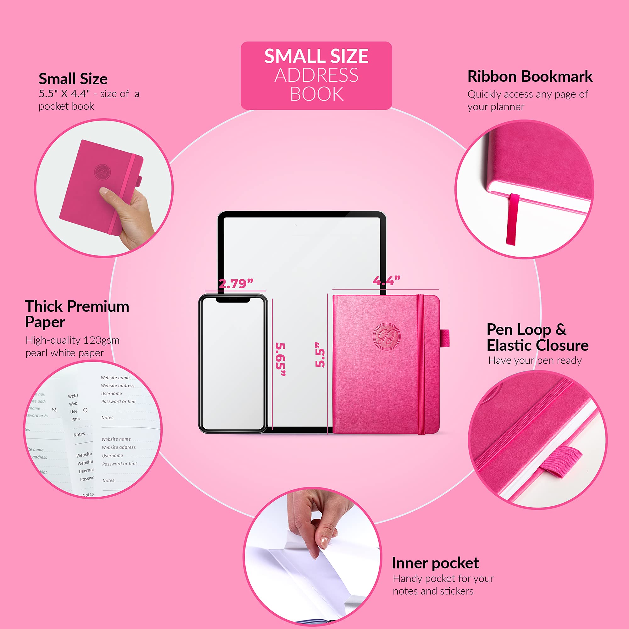 GoGirl Address Book – Telephone and Address Book with Alphabetic Tabs for Safely Storing Contacts, Small-Sized (4.0″ x 5.5″) PU Leather Hardcover – Hot Pink