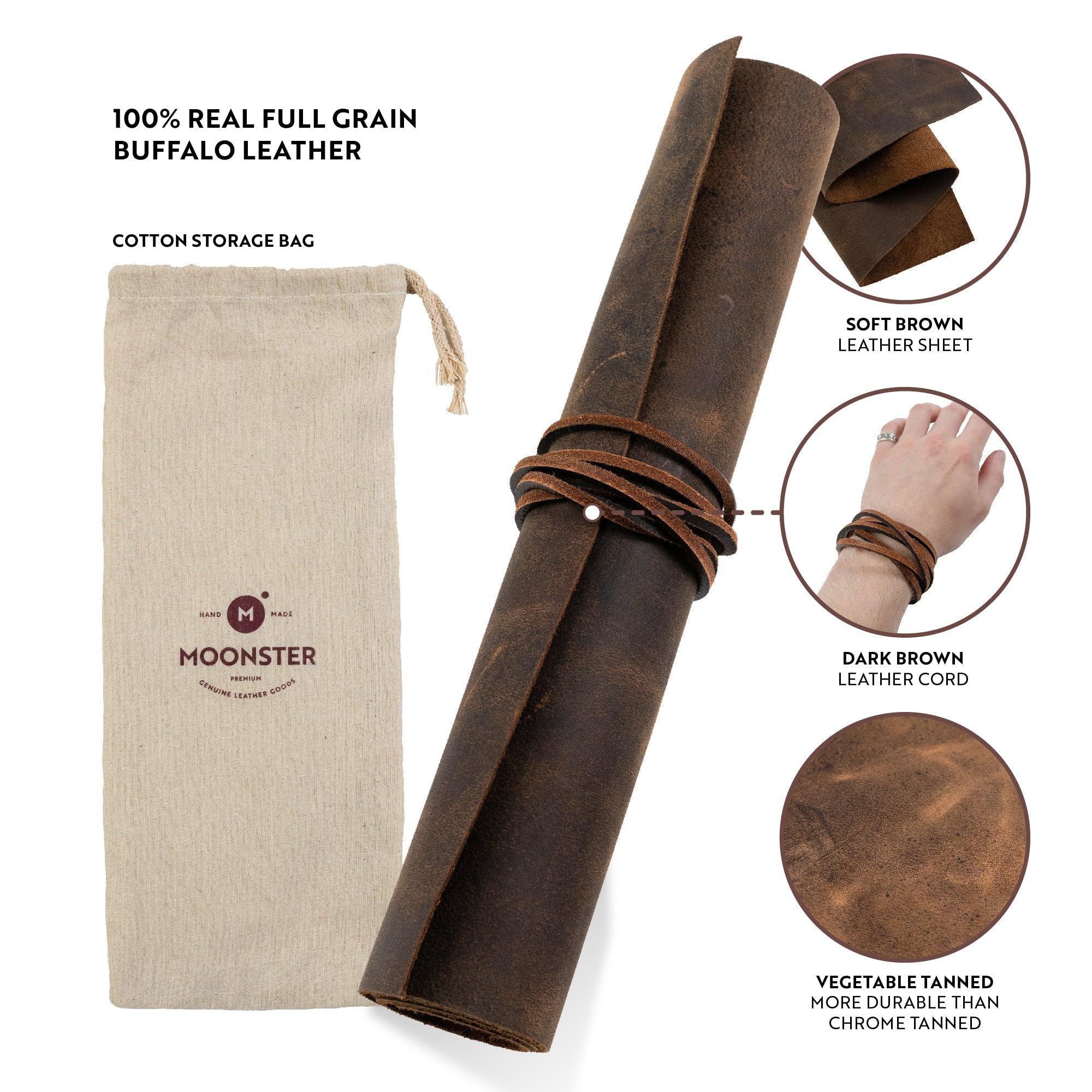 Moonster Genuine Leather Sheets for Crafts, Tooling Leather Sheet 12"x24" – Full Grain Buffalo Leather Fabric, Leather Crafting Kit, Veg Tan Leather for Leather Craft with 36" Cord – Soft Brown