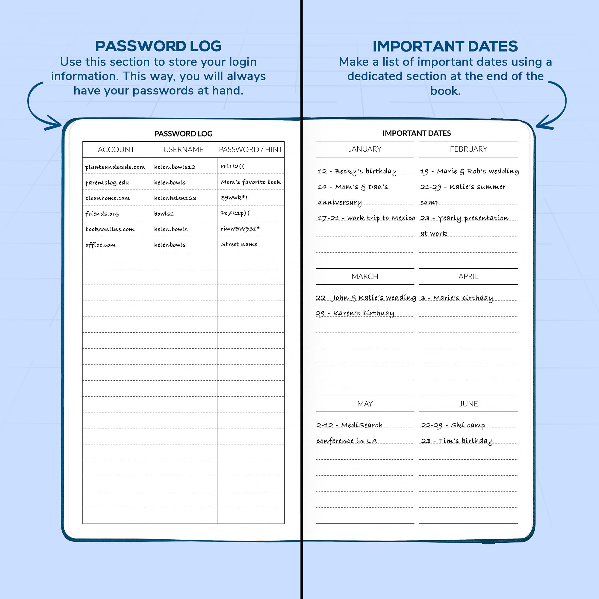 Skyline Address Book – Telephone Contact Book with Password Log & Important Dates Calendar – Phone Number Book for Women & Men – A5 Size, 8.3x5.8″, Hardcover (Mystic Blue)