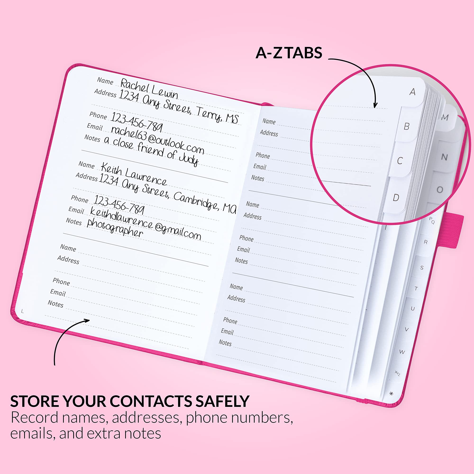 GoGirl Address Book – Telephone and Address Book with Alphabetic Tabs for Safely Storing Contacts, Small-Sized (4.0″ x 5.5″) PU Leather Hardcover – Hot Pink