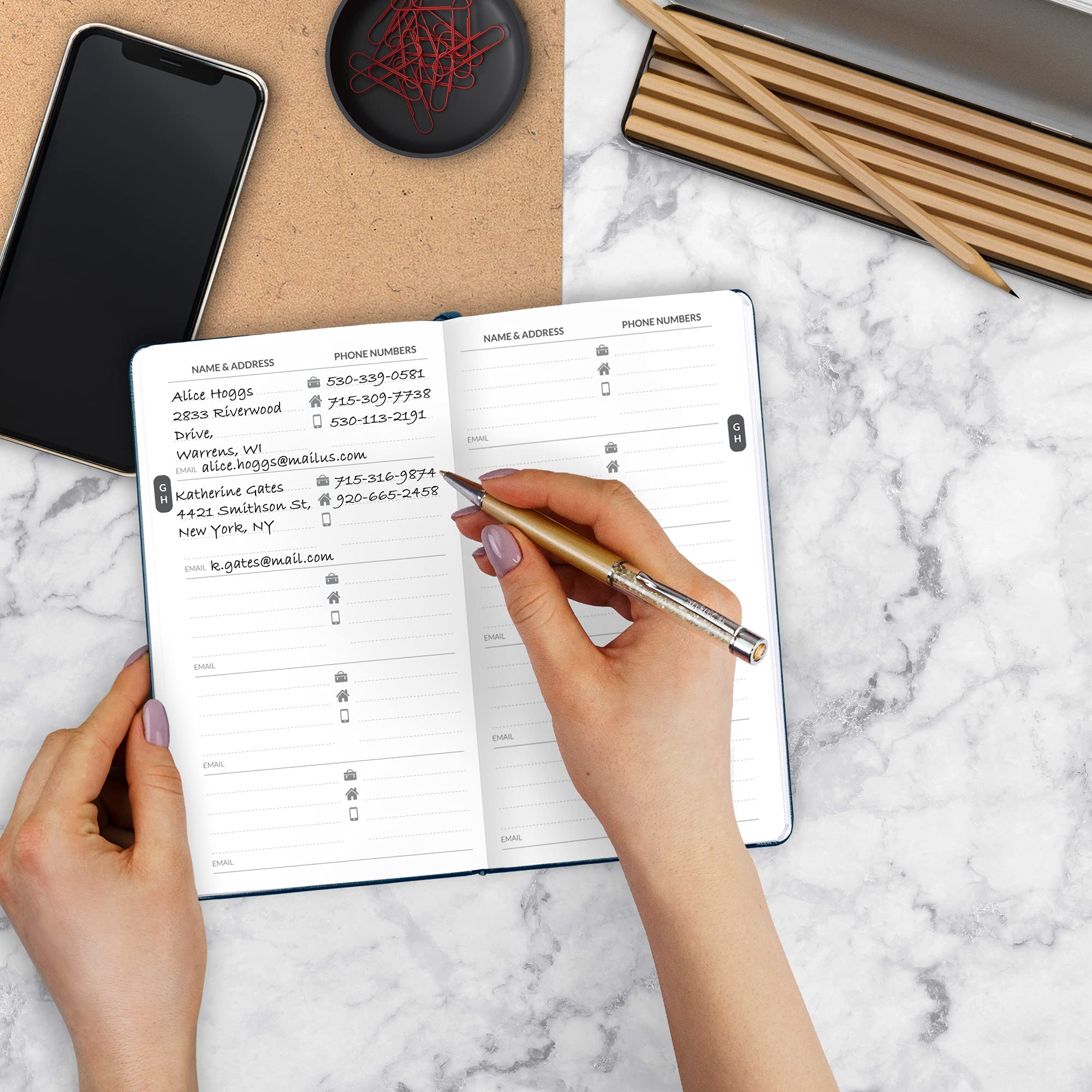 Skyline Address Book – Telephone Contact Book with Password Log & Important Dates Calendar – Phone Number Book for Women & Men – A5 Size, 8.3x5.8″, Hardcover (Mystic Blue)