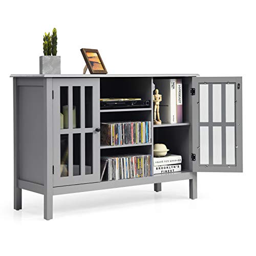 Tangkula TV Stand, Modern Tall Entertainment Center for TVs up to 50", Media Console w/2 Storage Cabinets & 3 Open Shelves, Wire Hole, Wood TV Console Table for Living Room, Grey